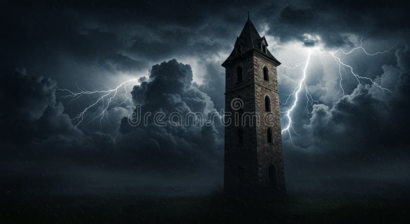 Stone Tower during a Dramatic Night Storm Stock Illustration ...