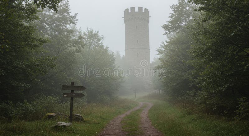 Stone Tower in a Foggy Forest Path Stock Illustration - Illustration of ...