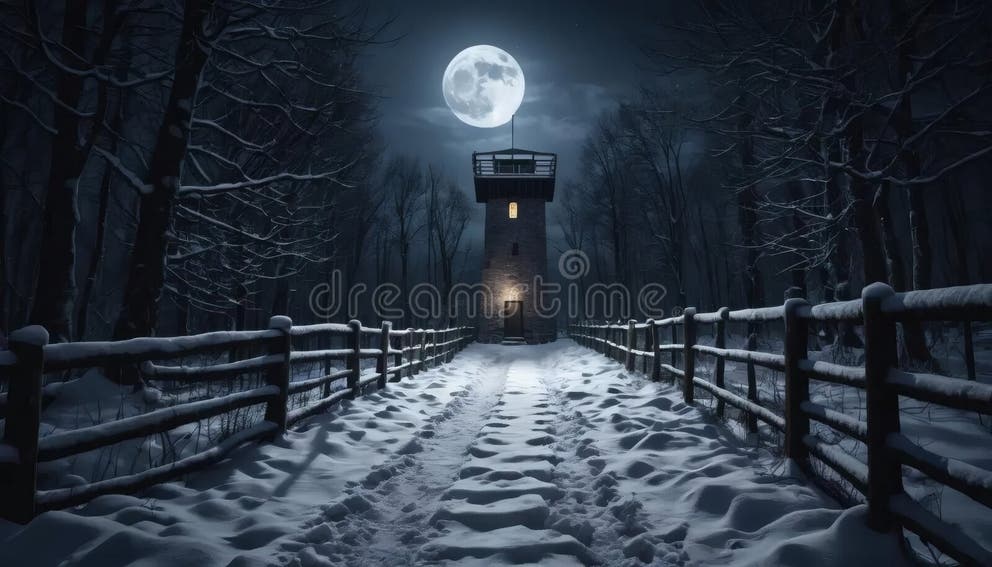 Moonlit Winter Tower a Serene, Snow Covered Path Stock Photo - Image of ...