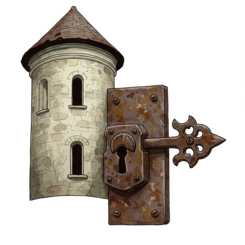Stone Tower and Rusty Metal Lock Illustration Stock Illustration ...