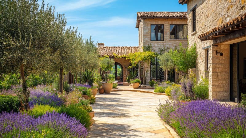 Stone Villa with Lavender Garden and Stone Path Stock Illustration ...