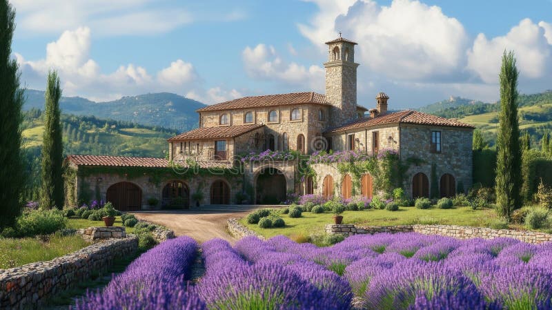 Stone Villa with Tower and Lavender Field in Front Stock Illustration ...