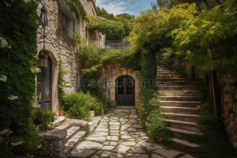 A Stone Villa with a Winding Path and Lush Greenery Stock Illustration ...