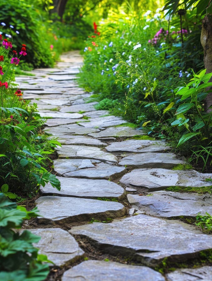 Stone Walk Path in the Garden Stock Illustration - Illustration of lawn ...