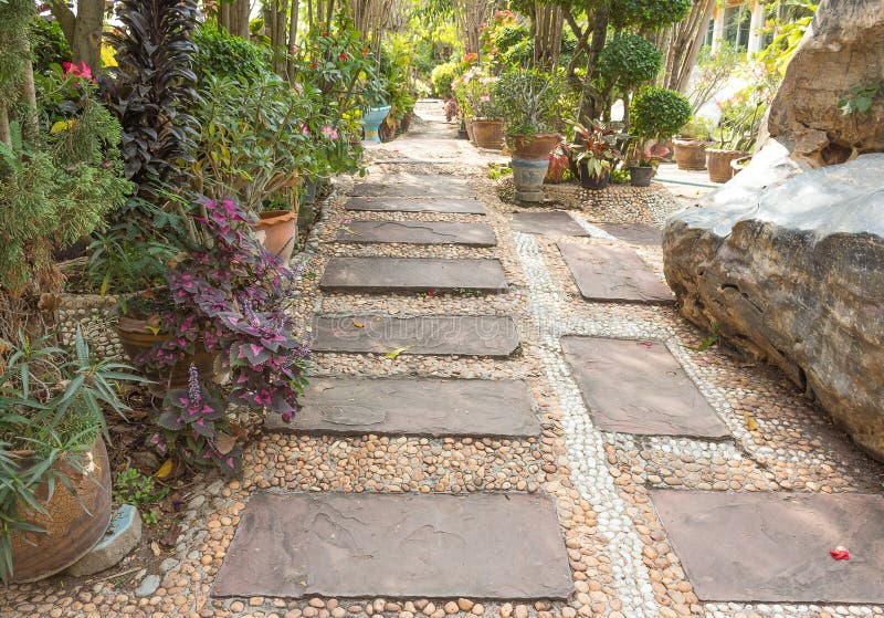 Stone walk way in garden stock image. Image of bright - 244818303