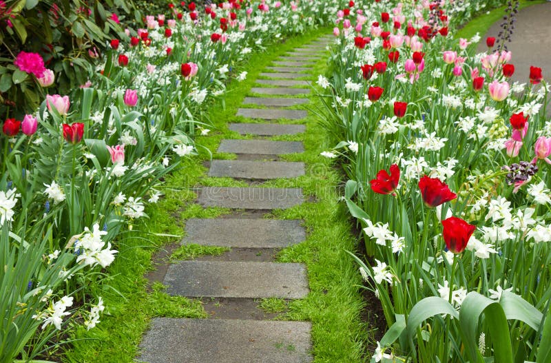 Stone Walk Way Winding in a Garden Stock Photo - Image of floral ...