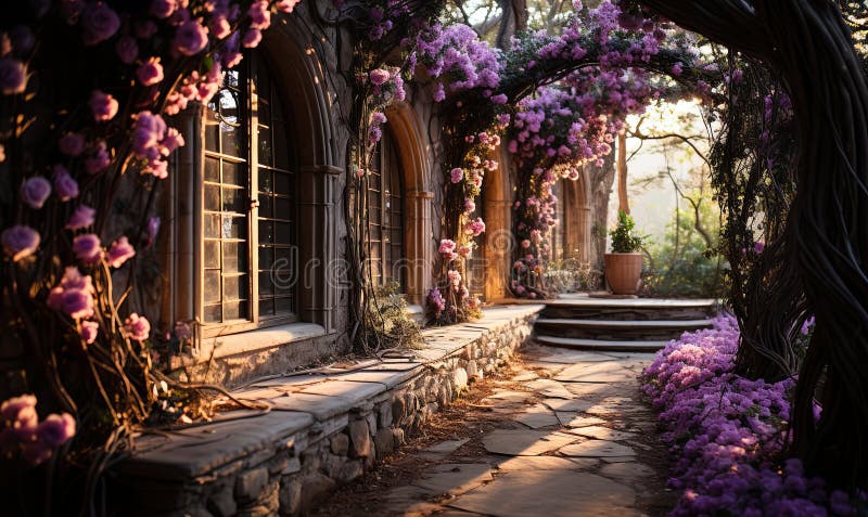 Stone Walkway with Purple Flowers Stock Photo - Image of walk, blooming ...