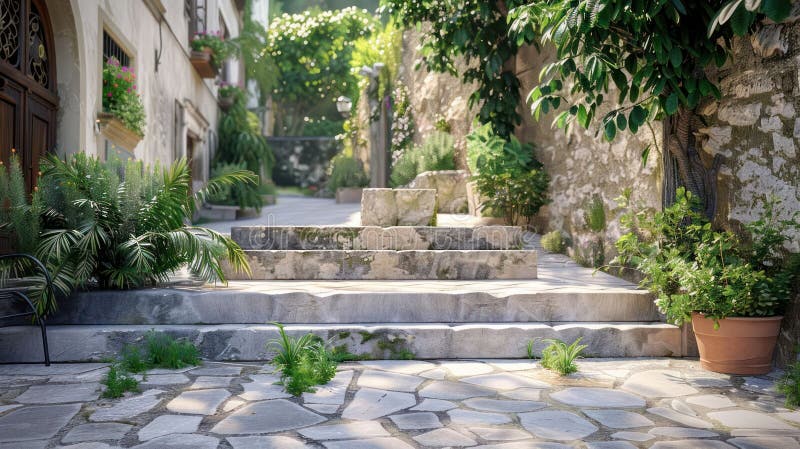 A Stone Walkway with a Few Potted Plants and a Stone Bench Stock ...