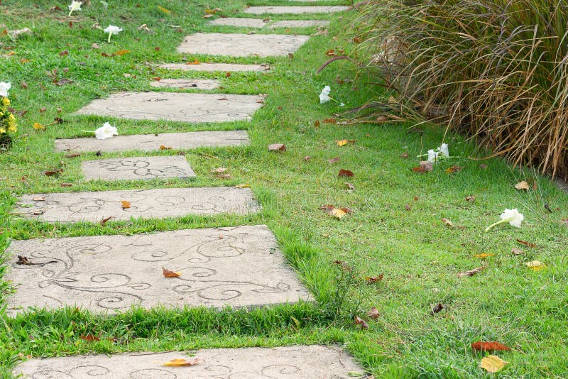 Stone Walkway in Green Grass Stock Photo - Image of fragrant, beauty ...