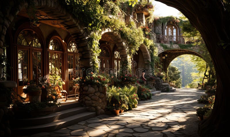 Stone Pathway Leading Traditional Building Surrounded Greenery Stock ...