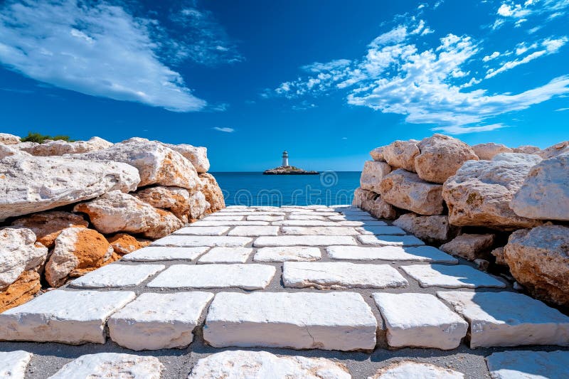 A Stone Walkway Leading To a Lighthouse on a Rocky Shoreline Stock ...