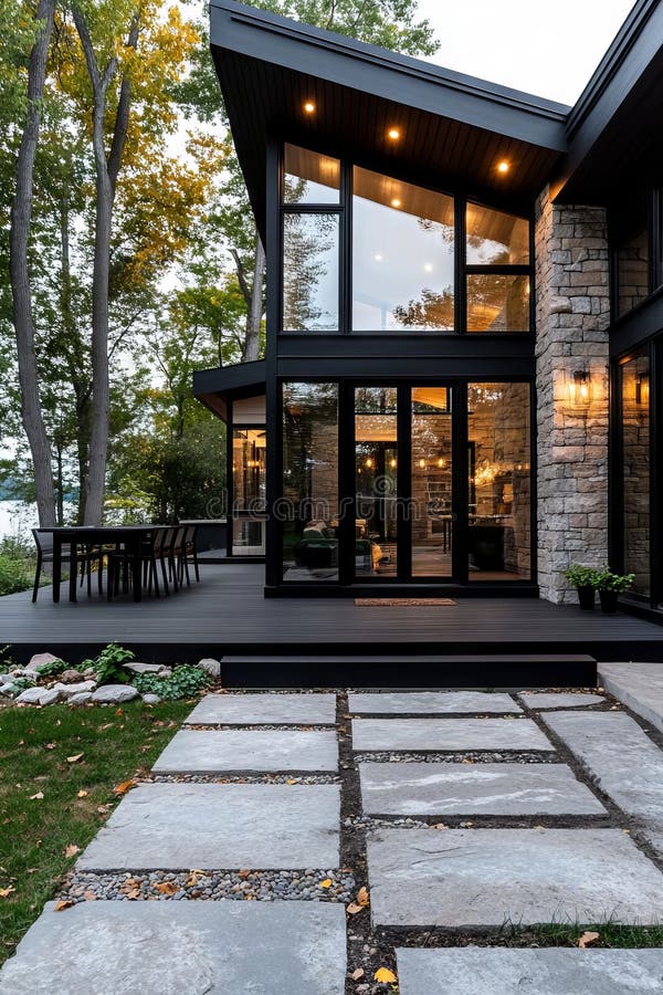 A Stone Walkway Leads To a Modern House with a Stone Patio Stock Photo ...