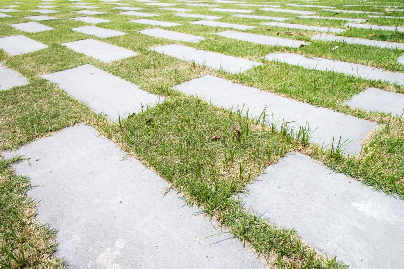 Stone Walkway Pattern on a Grass Field in Perspective View Stock Photo ...