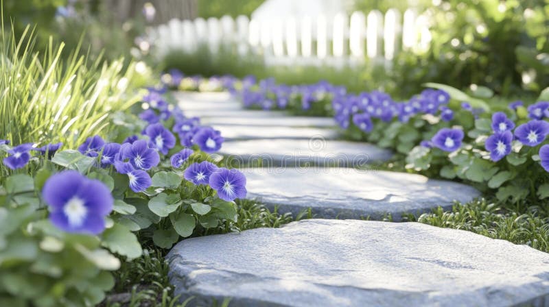 A Stone Walkway with Purple Flowers on Either Side Stock Image - Image ...