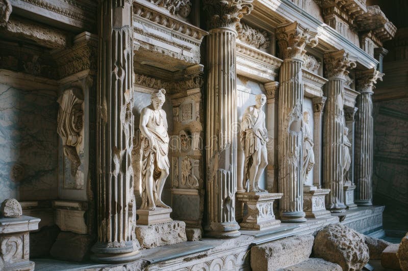 Stone Wall Adorned with Roman-inspired Statues, an Ancient Roman ...