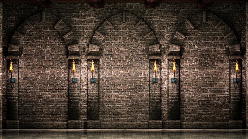 Stone Wall with Arches and Torches Stock Photo - Image of indoor, white ...