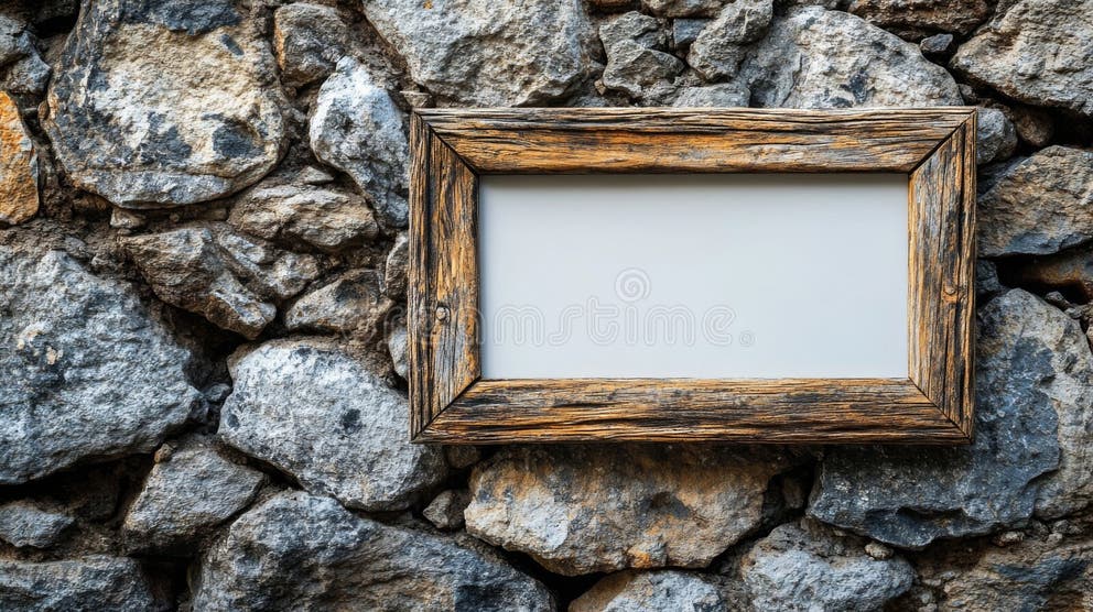 Stone Wall Background with Empty Wooden Frame for Displaying Messages ...