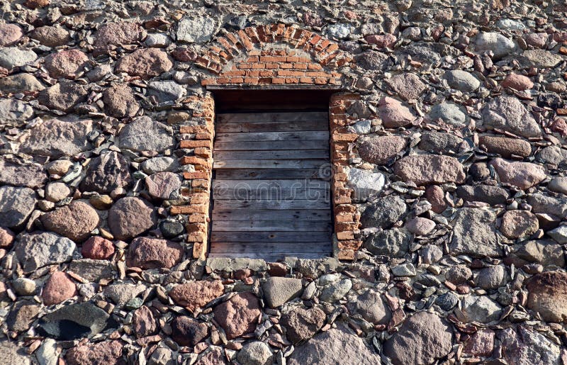 Stone Wall Background with Window Opening, Boarded Up, Close-up, Side ...