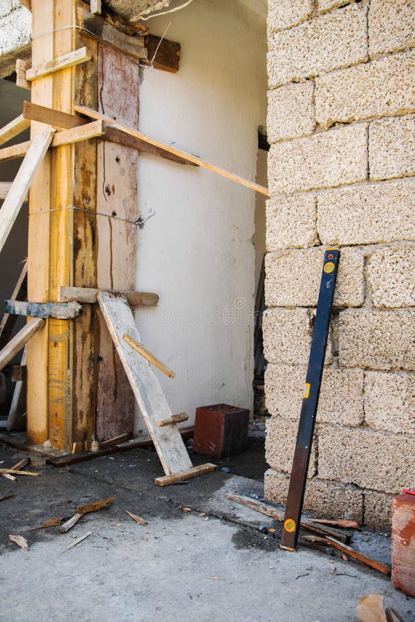Stone Wall during Construction and Masonry Tools Stock Photo - Image of ...