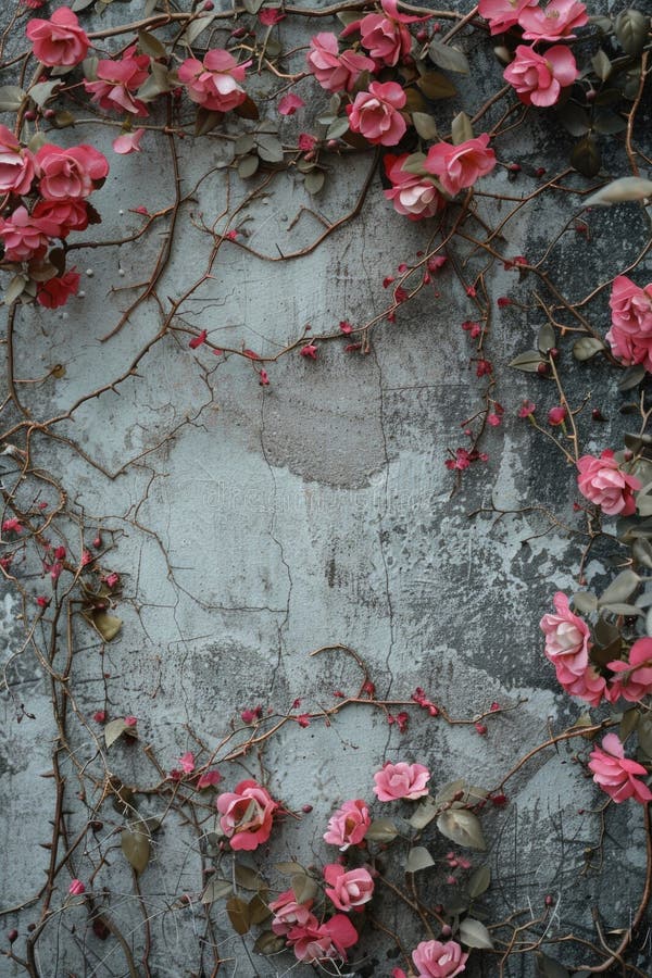 A Stone Wall Covered with Pink Flowers and Vines Stock Photo - Image of ...