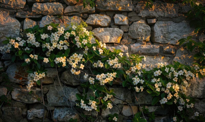 Stone Wall Draped with Jasmine Flowers Stock Photo - Image of white ...
