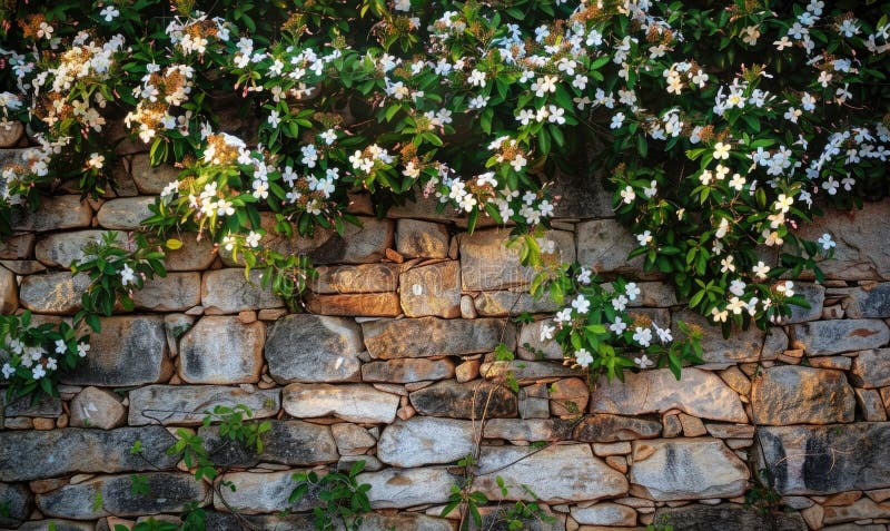 Stone Wall Draped with Jasmine Flowers Stock Photo - Image of flora ...
