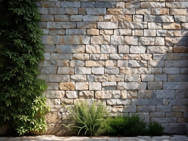 Stone Wall with Greenery stock illustration. Illustration of bright ...