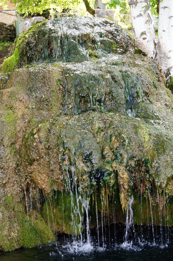 Stone Wall with Greenery and Waterfall. Texture of Nature. Background ...