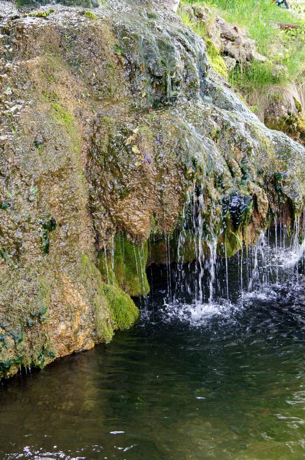 Stone Wall with Greenery and Waterfall. Texture of Nature. Background ...