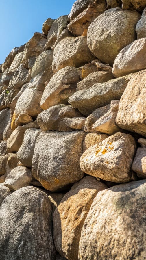 Stone Wall with Large Rocks Against Blue Sky, Architectural Texture ...