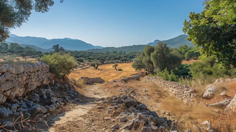 A Stone Wall Pathway Leads To an Excavated Archaeological Site in a ...
