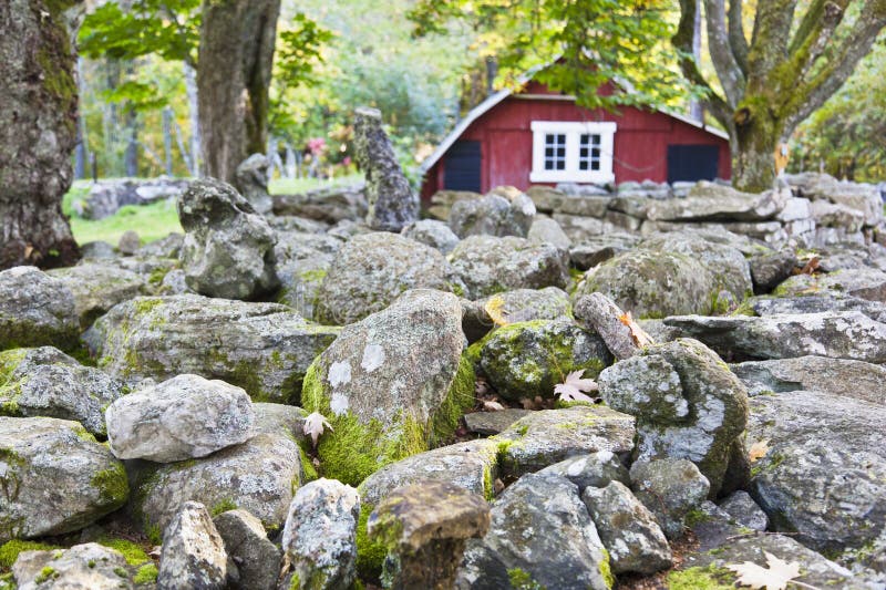 Stone wall with red barn stock photo. Image of stone - 19855526