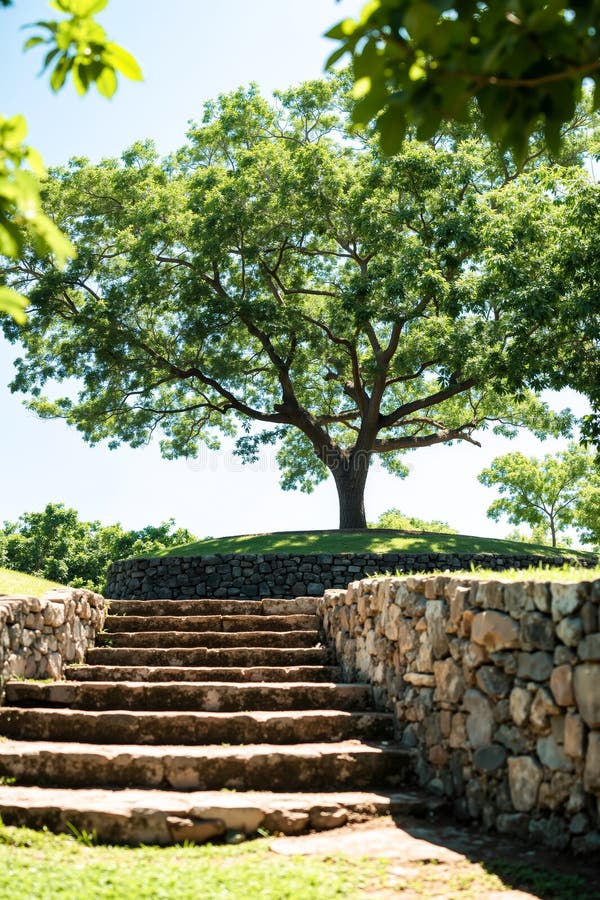 A Stone Wall with Steps Leading Up To a Large Tree Stock Photo - Image ...