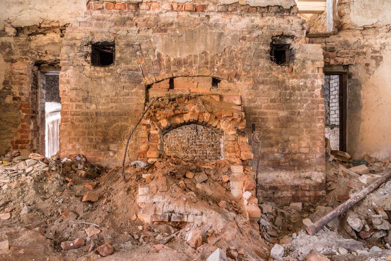 Stone Wall Texture and Broken Oven. Broken Brick Building Background ...
