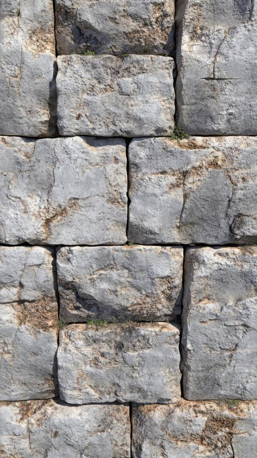 Stone Wall Texture Shows Weathered Blocks with Rugged Surface and Tiny Plants, Resilience Theme ...