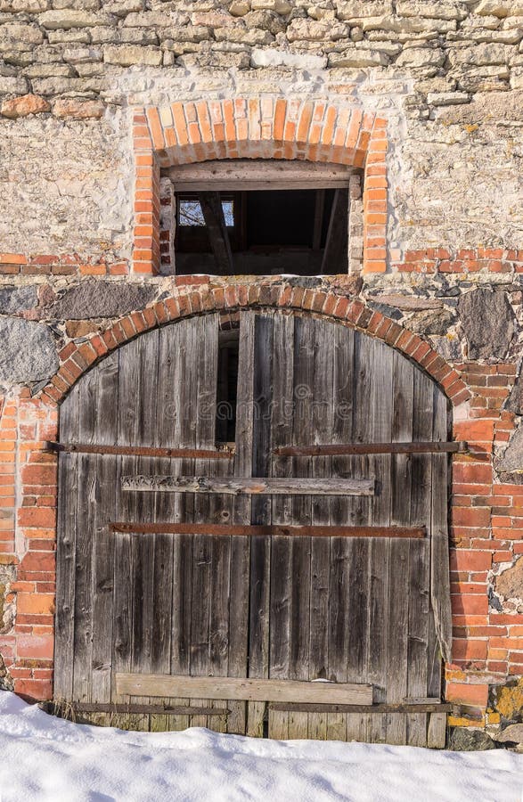 Stone Wall Texture and Windows with Red Frames, Natural Background ...