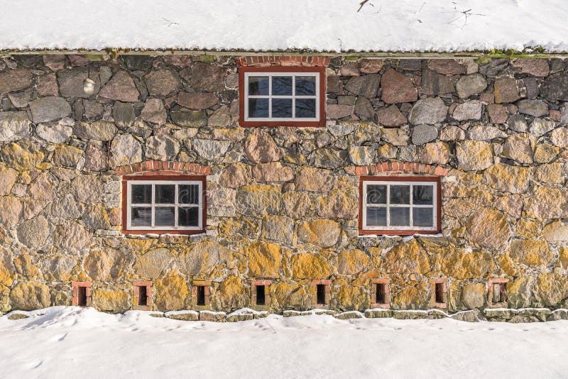 Stone Wall Texture and Windows with Red Frames, Natural Background ...