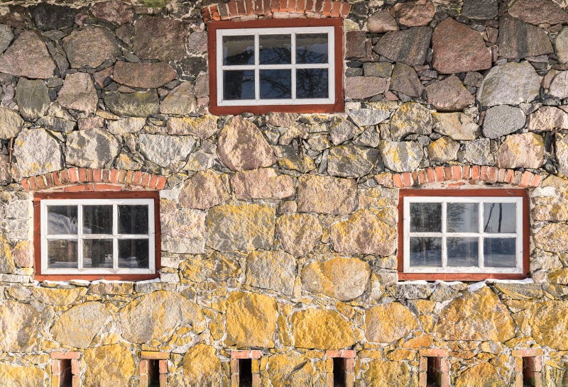 Stone Wall Texture and Windows with Red Frames, Natural Background ...