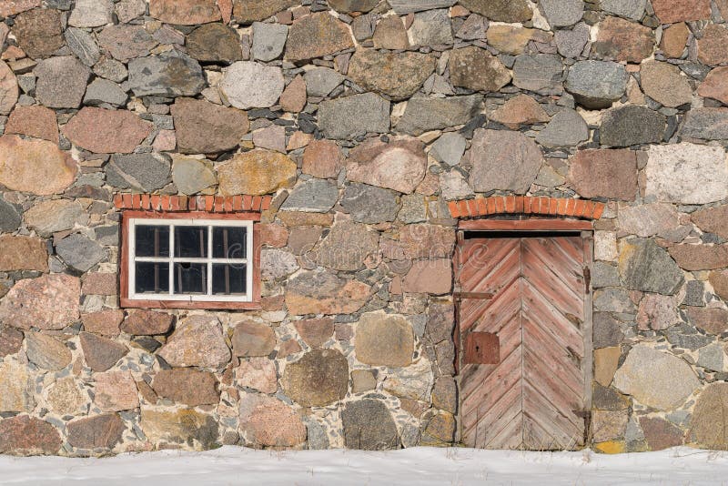 Stone Wall Texture and Windows with Red Frames, Natural Background ...