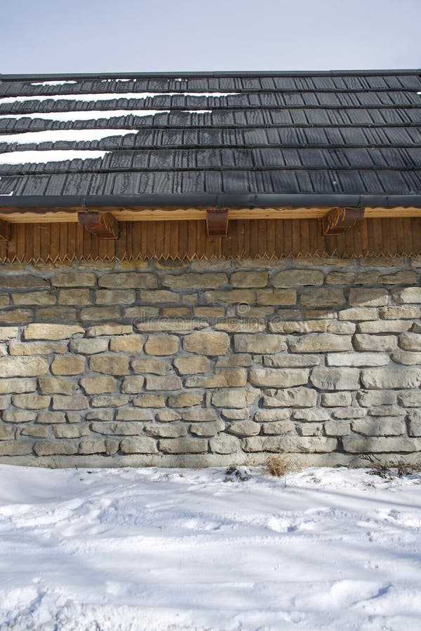 Stone Wall of Village House in Winter Stock Photo - Image of farm ...