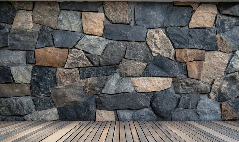 Stone Wall with Wooden Floor, Textured Natural Stones in Various Colors ...