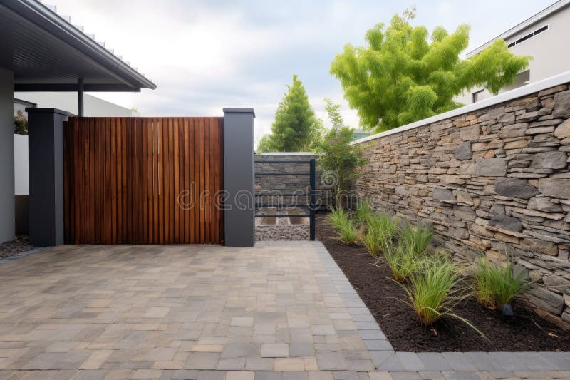 Stone Wall with Wooden Gate Leading To a Courtyard Stock Illustration ...