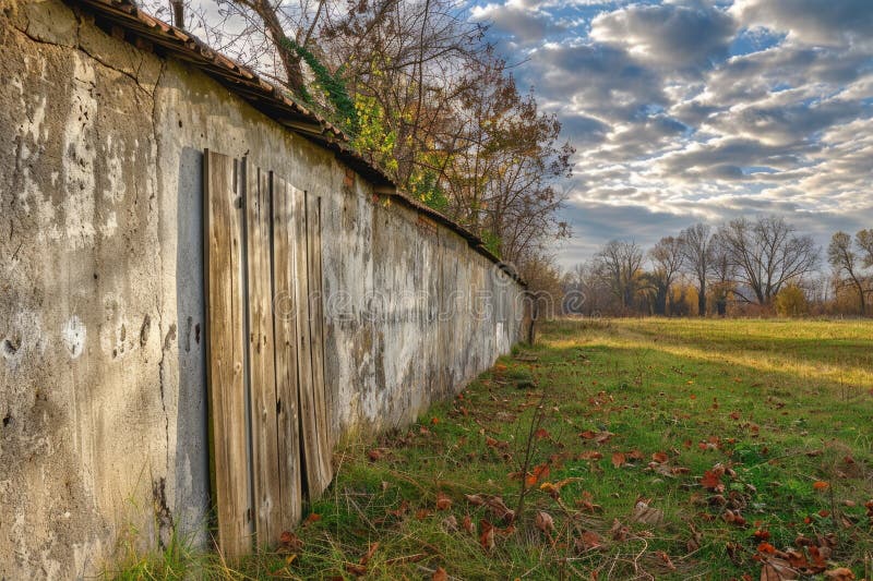 A Stone Wall with a Worn Wooden Door in a Rustic Field Setting Stock ...