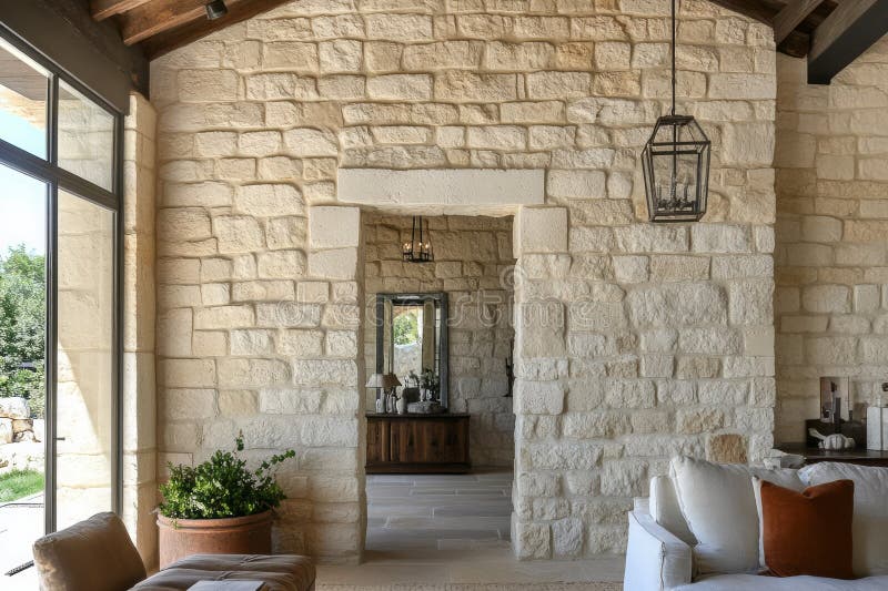 Stone-walled Corridor with Warm Lighting and Bench. AI Generated Stock ...