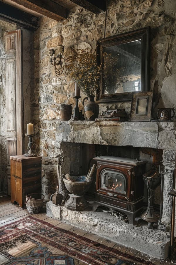Stone Walled Room with Fireplace and Mirror Stock Photo - Image of ...