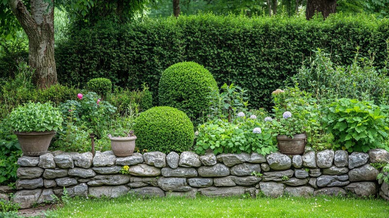 Stone Walls and Greenery in Old Gardens. Stock Image - Image of ...