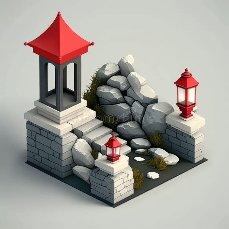 Stone Walls and Red Lanterns, Isometric Low Poly View AI Generation ...
