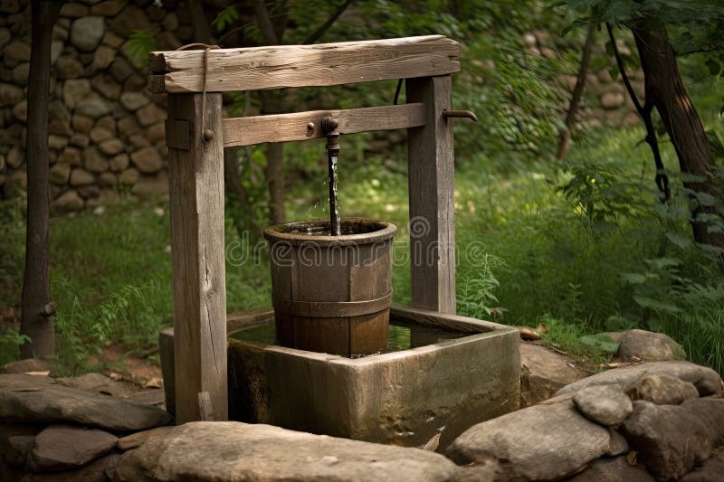 Stone Water Well with Bucket and Pulley. Generative AI Stock ...