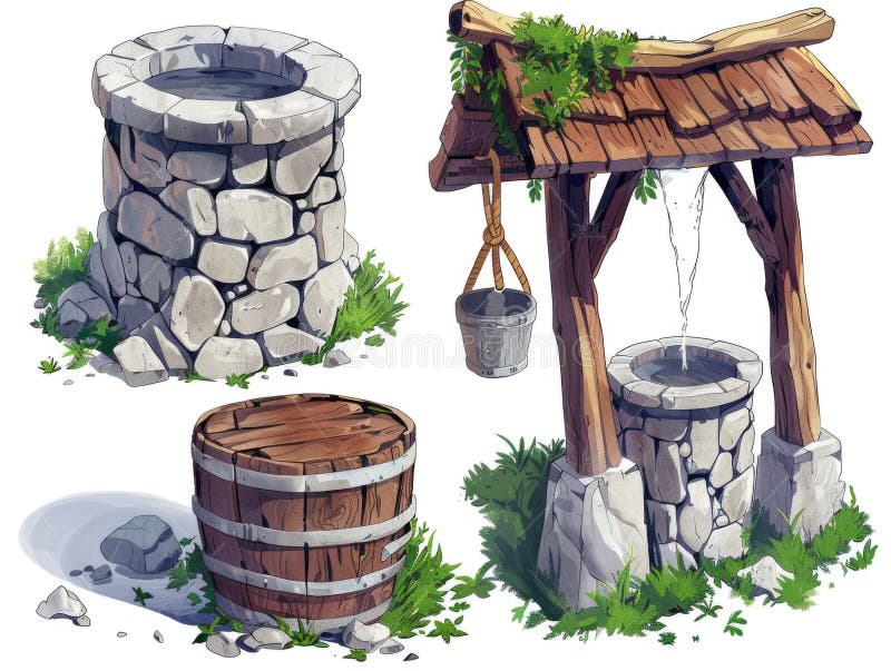 Stone Well with Buckets and Wooden Structure Stock Image - Image of ...