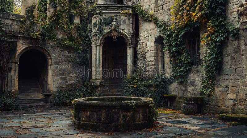 Stone Well in a Castle Courtyard with Ivy Trailing Over the Edges Stock ...